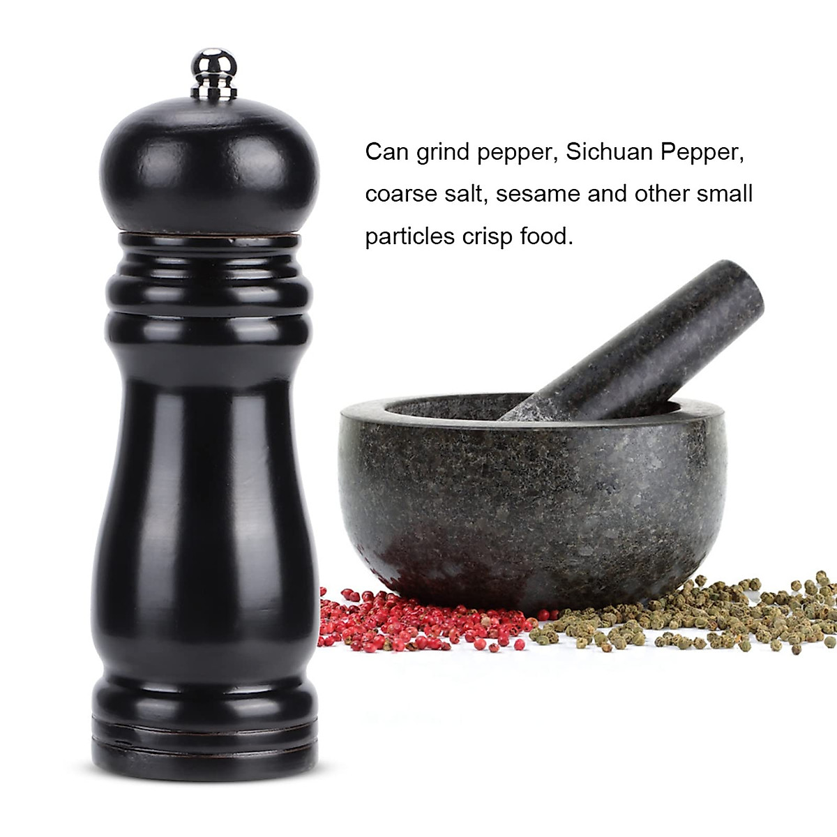 Wood Pepper Grinder Pepper Mill, 6 inch Durable Manual Pepper Mill with Adjustable Upper Knob, Ergonomic Pepper Mill for Home Kitchens, Restaurants, Hotels