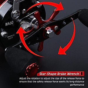 Sougayilang Fishing reels Round Baitcasting Reel - Conventional Reel - Reinforced Metal Body and Supreme Star Drag-Right Hand-Red-Black-Warrior 6000