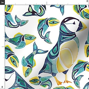 Spoonflower Fabric - Puffin Party Geometric Fish Boy Wildlife Puffins Art Tattoo Printed on Petal Signature Cotton Fabric Fat Quarter - Sewing Quilting Apparel Crafts Decor