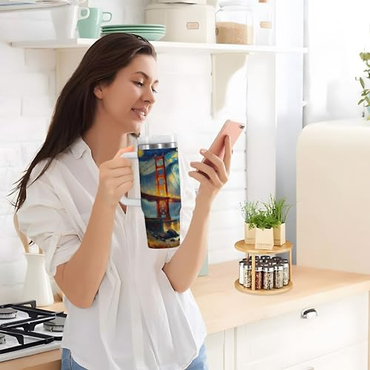 RPLIFE Golden Gate Bridge Starry Night 40oz Tumbler with Handle, Stainless Water Bottle, Insulated Coffee Tumbler