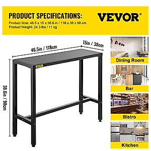 VEVOR Outdoor Bar Table, 46.5" L x 15" W x 38.6" H, Narrow Rectangular Height Pub Station, Sturdy Metal Frame Tall Counter with Adjustable Feet, for Patio, Balcony, Dinning Room, Bistro, Garden, Black