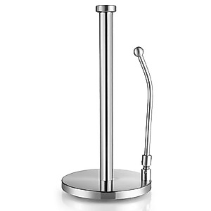 Stainless Steel Paper Towel Holder - Standing Paper Towel Dispenser with Adjustable Spring Arm & Weighted Base for Kitchen, Bathroom, Bedroom - Fits Standard, Large, Jumbo Size Paper Towel Roll Sagler