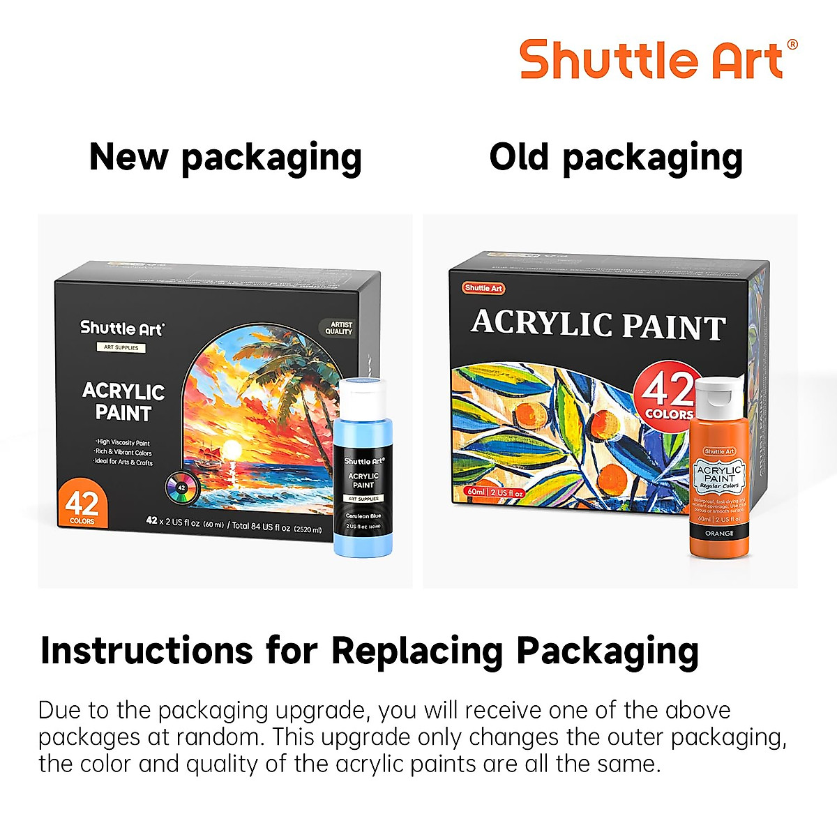 Shuttle Art Acrylic Paint, 42 Colors Acrylic Paint Set with 12 Paint Brushes, 2oz/60ml Bottles, Rich Pigmented, Water Proof, Premium Paints for Artists, Beginners and Kids on Canvas Rocks Wood Ceramic