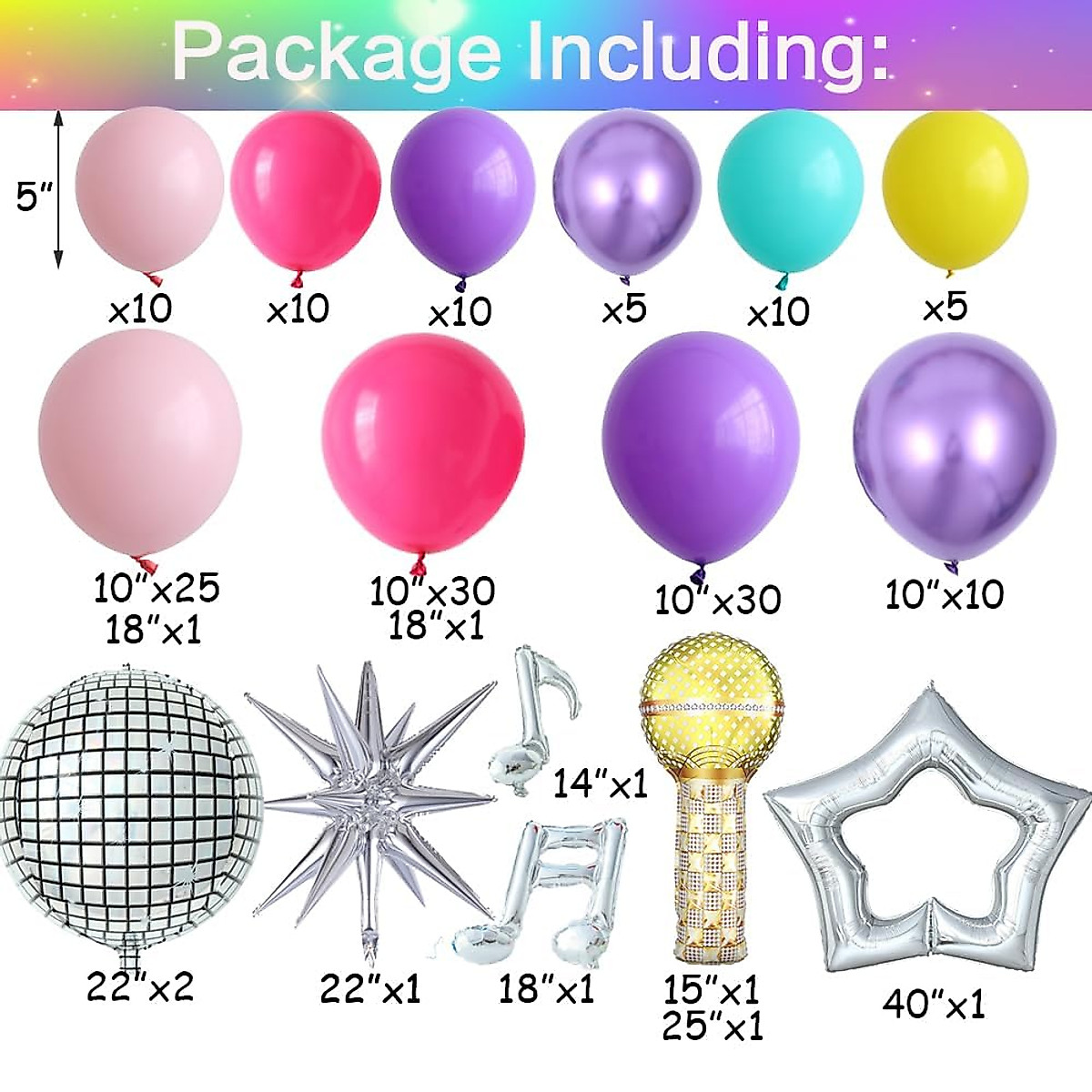 Songstar Birthday Decoration 155pcs Pink and Purple Balloon Arch Kit Hollow Star,Microphone, Disco Mylar Balloon for Music Fans Birthday Popular Singer Birthday Party Decor