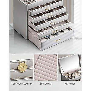 Vlando 6 Tier Large Jewelry Box for Women - Big Jewelry Organizer with Mirror, Jewelry Box Organizer for Drawer Necklace Ring Bracelet and Watch, Gift for Loved Ones Gray
