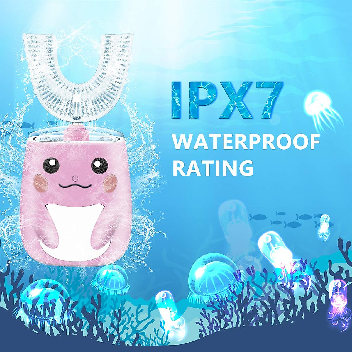 Kids U Shape Electric Toothbrushes Ultrasonic Whole Mouth Auto Toothbrush with 6 Cleaning Modes 2 Brush Heads Brushing Timer Lights IPX7 Waterproof Rechargeable Cartoon Design for Ages 2-6