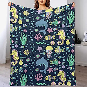Doodles Underwater Sea Horse Dolphin Throw Blanket for Couch Bed Flannel Lap Blanket Lightweight Cozy Plush Blanket for All Seasons 50"x70"