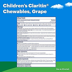 Claritin Children's Chewables 24 Hour Allergy Relief, Non Drowsy Kids Allergy Medicine, Grape Antihistamine Chewable Tablets, For Children 2 Years and Older, 40 Count