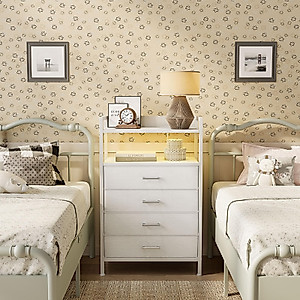 KAI-ROAD White Dresser for Girls Bedroom, 4 Drawer Dresser with LED Light and Charging Station, Tall Nightstand Large Kids Dresser with Open Shelf