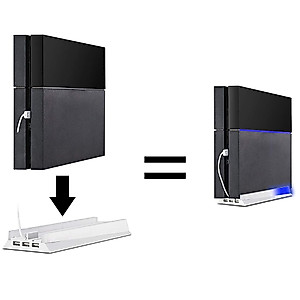 KlsyChry Vertical Stand for PS4 White, Blue Light Base Led PS4 Bracket Mount Holder Stand for PlayStation 4 Console with 3 USB Hub Ports -White