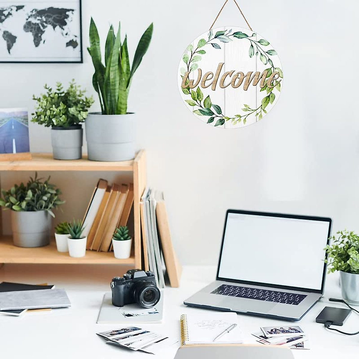 Rustic Wooden Hanging Decor Welcome Sign for Front Door or Covered Outdoor Porch, Farmhouse Home Outdoor Indoor Decor, White (12*12 inch)