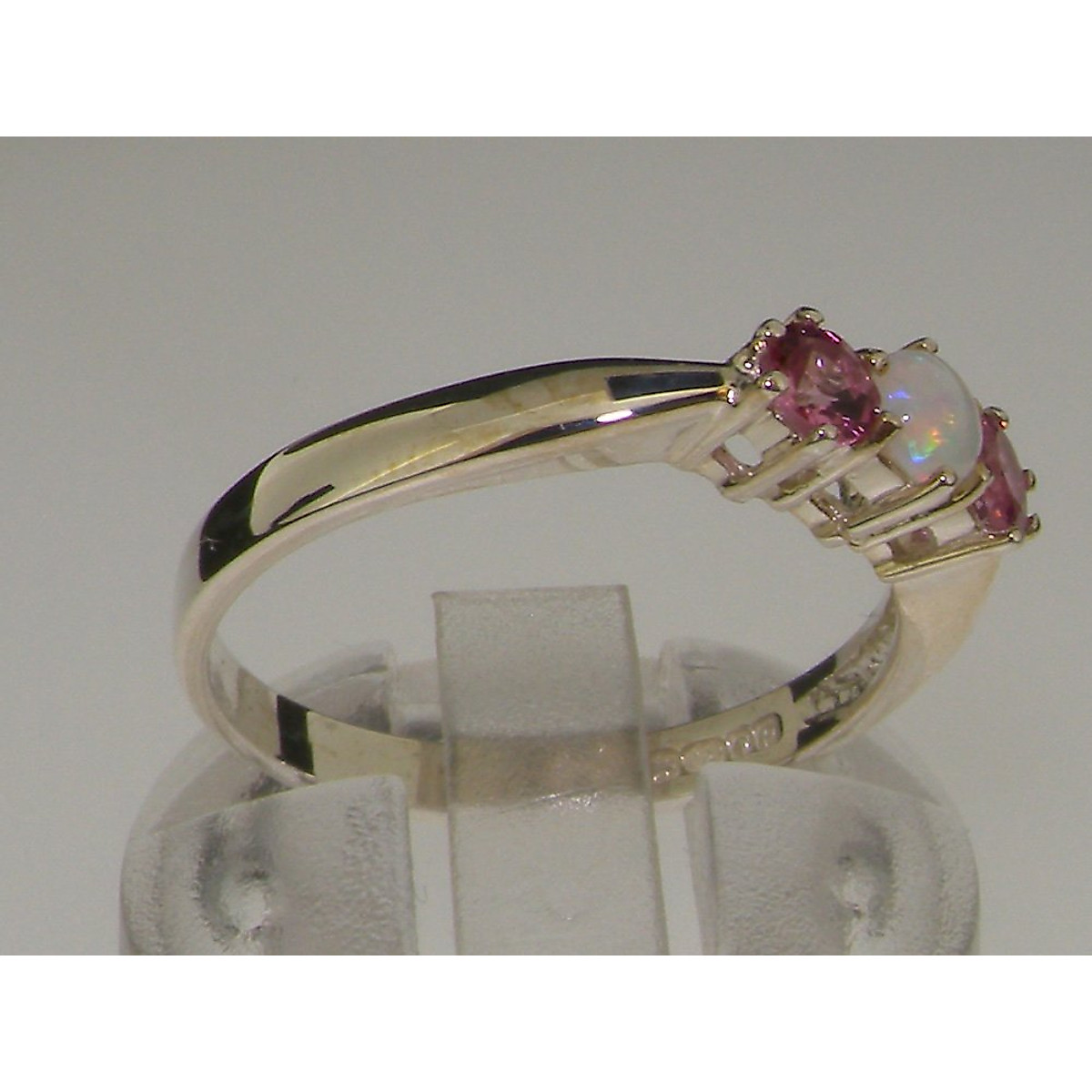 LetsBuyGold 925 Sterling Silver Real Genuine Opal and Pink Tourmaline Womens Trilogy Anniversary Ring - Size 7
