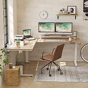 FEZIBO 75 Inches Triple Motor L Shaped Standing Desk Reversible, Electric Height Adjustable Corner Stand up Desk, Sit Stand Desk Computer Workstation, White Frame/Light Walnut Top