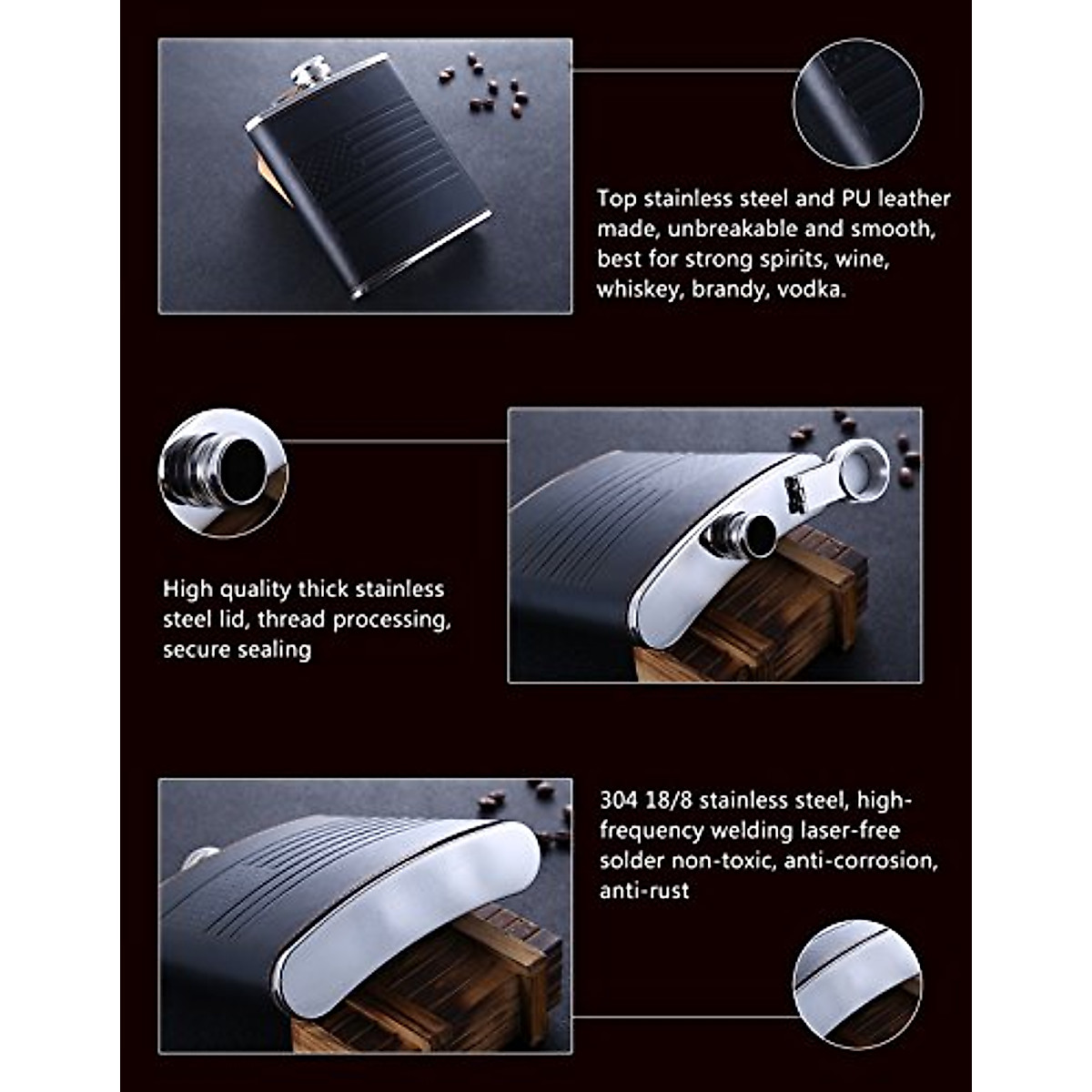 American Flag 18 oz Black Stainless Steel Whiskey Hip Flasks for Liquor with Leather Wrapped, TOX TANEAXON