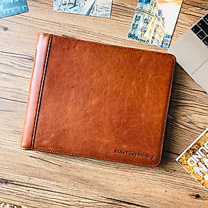 3 Ring Check Binder, Genuine Leather Check Book Portfolio for 3 Holes Checks or 9 Holes Checks, Fits 3-on-a-Page Business Checks, Check Book Binder 3 Ring for 11 1/4"x9", Oil Waxed Leather Brown