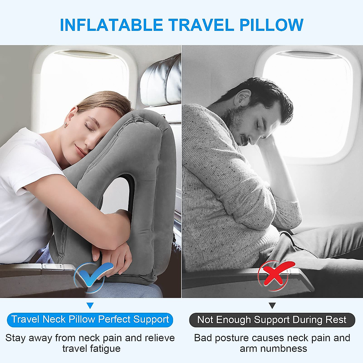 HOMCA Travel Pillow, Portable Head Neck Rest Inflatable Pillow from, Design for Airplanes, Cars, Buses, Trains, Office Napping, Camping - Includes Free Eye mask