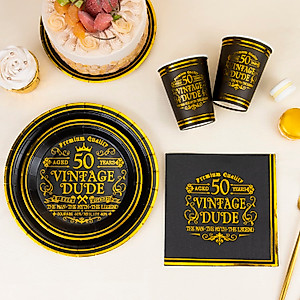 Crisky Aged 50 Years Vintage Dude Napkins Plates Cups Disposable Tableware Set of 24 for Men 50th Birthday Party Decorations Black Gold (9" Plates,7" Plates, Luncheon Napkins, 9oz Cups)