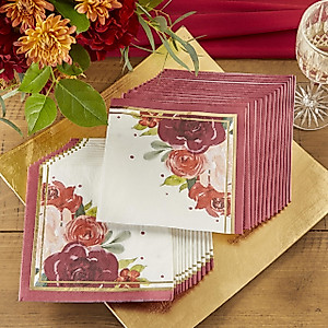 Kate Aspen Burgundy Blush Floral Paper Napkins, Thick Decorative Dinner Napkins, Luncheon Serveware, Perfect for Wedding Reception Or Bridal Shower,Gold and burgundy