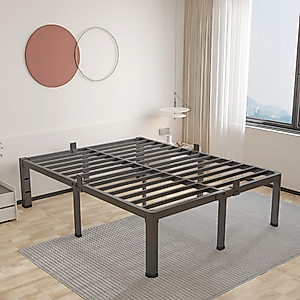 ROIL 14 inch California King Size Bed Frame Metal Platform No Box Spring Needed with Headboard Hole Round Corner Legs Mattress Retainers 3500LBS Heavy Duty Steel Slats Noise-Free Storage