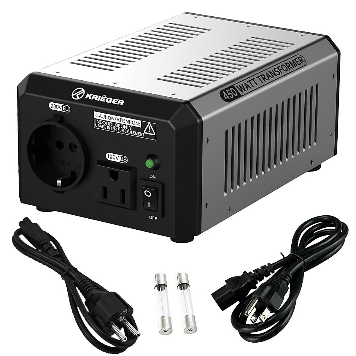Krieger 450 Watt Voltage Transformer, 110/120V to 220/240V Step Up Step Down Voltage Converter with AC Outlets, MET Approved Under UL, CSA