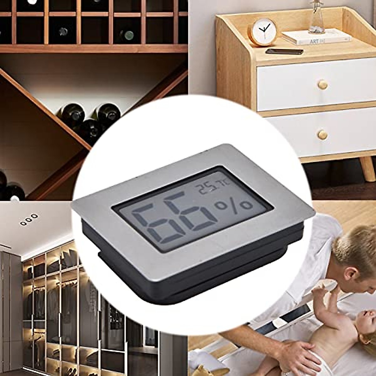 LCD Electronic Thermometer Hygrometer, Clear Display, Wide Application for Cigar Box, Storage Cabinet, Wardrobe, Embedded Design with Temperature and Humidity Measurement Accuracy