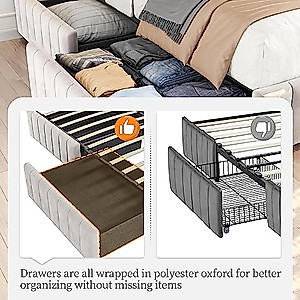 Yaheetech Full Size Bed Frame with 4 Storage Drawers, Upholstered Platform Bed Frame with Strong Wooden Slats/Mattress Foundation/No Fixed Headboard/No Box Spring Needed/Large Storage Space, Beige