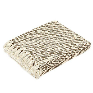 Americanflat 100% Cotton Throw Blanket for Couch - 50x60 - All Seasons Neutral Lightweight Cozy Soft Throws for Bed, Sofa or Chair.door or Outdoor [Khaki and Beige Herringbone]