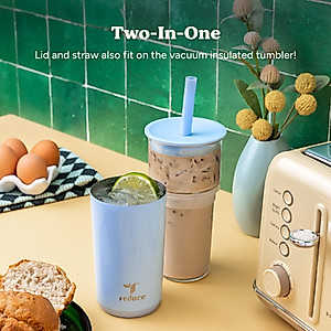REDUCE Aspen 20 oz Vacuum Insulated Glass Tumbler with Lid & Extra Wide Straw - Keeps Drinks Cold for 12 Hrs - Ideal for Iced Coffee, Smoothies & Boba - Dishwasher Safe, Soft Base - Glacier