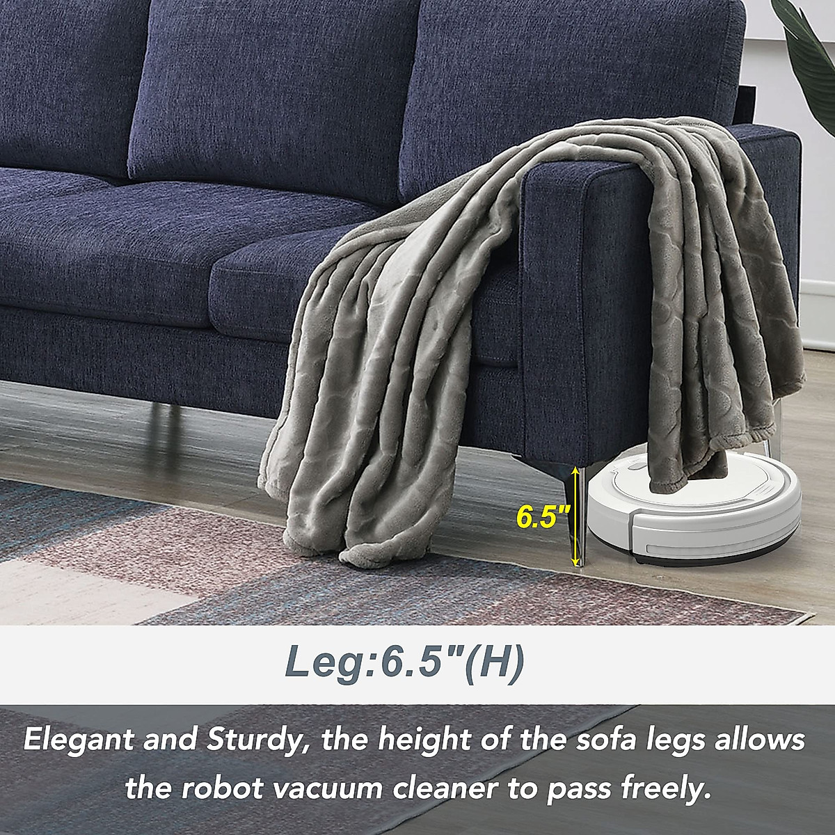 LCH L-Shaped Sectional Sofa with Reversible Chaise Lounge, 3-Seat Convertible Couch w/ 2 Pillows and Metal Legs, 86 inch, Perfect for Living Room, Apartment, Small Space, Blue