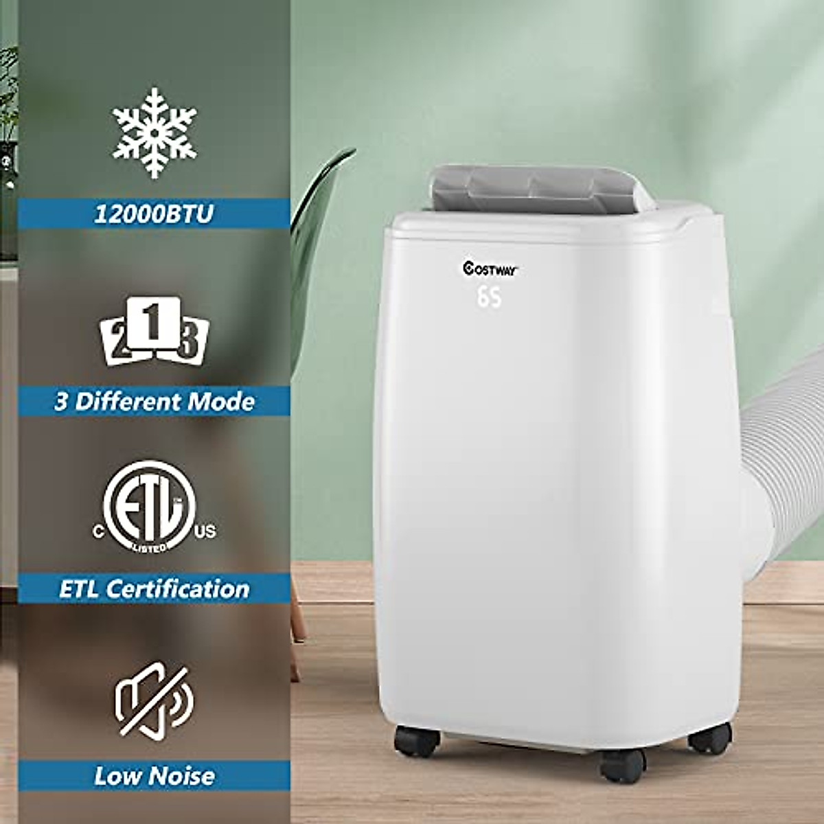 COSTWAY 1,2000 BTU Portable Air Conditioner, Cooling for space up to 450 sq. ft with 3 Modes, Multifunctional Air Cooler with Remote Control and Washable Filter, 3 Fan Speeds & Sleep Mode, Suitable for Bedroom Kitchen