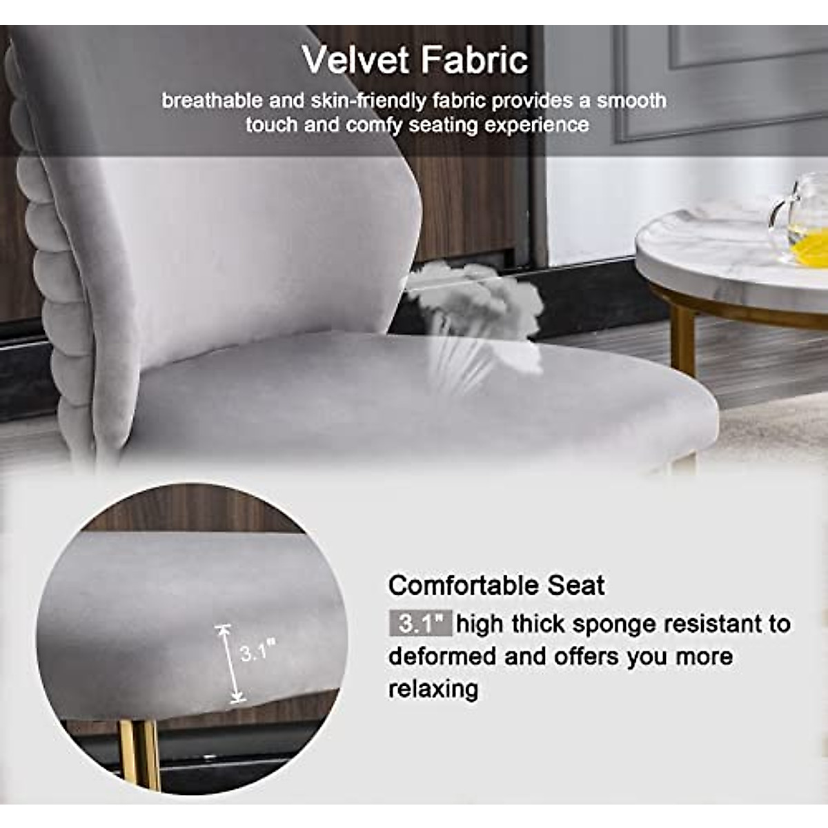 Guyou Grey Velvet Dining Chairs Set of 2, Modern Upholstered Dining Room Chairs Tufted Armless Side Chair with Gold Legs and Ring Pull for Kitchen Living Room Bedrooms Vanity (Grey)