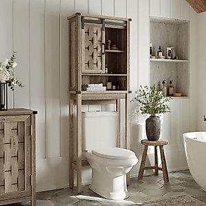 LINSY HOME Over The Toilet Storage Cabinet, Farmhouse Bathroom Storage Cabinet Over Toilet with Sliding Barn Door and Adjustable Shelves, Bathroom Shelf Organizer, Brown