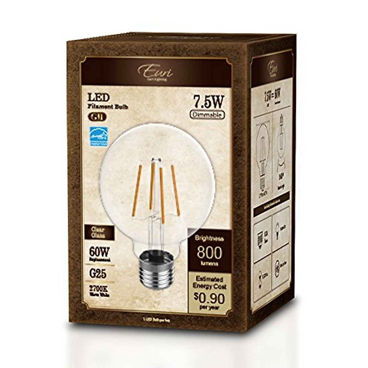 Euri Lighting VG25-2000e LED G25 Bulb, Filament Line, Warm White 2700K, Dimmable, 7.5W (60W Equivalent), 800 lm, Clear, 360 Degree Beam Angle, Damp Rated, E26 Base, UL & E-Star Listed