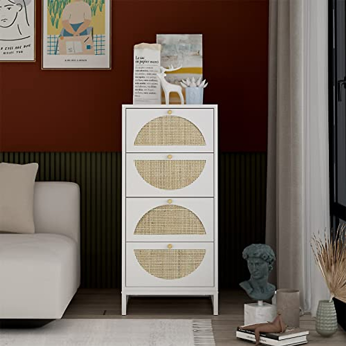 Natural Rattan Drawer Chest Storage Cabinet Suitable for Living Room and Bedroom, Bedroom Dresser with 4 Drawers for Small Space, Storage Tower Organizer Unit for Hallway/ Entryway/ Closets (White)
