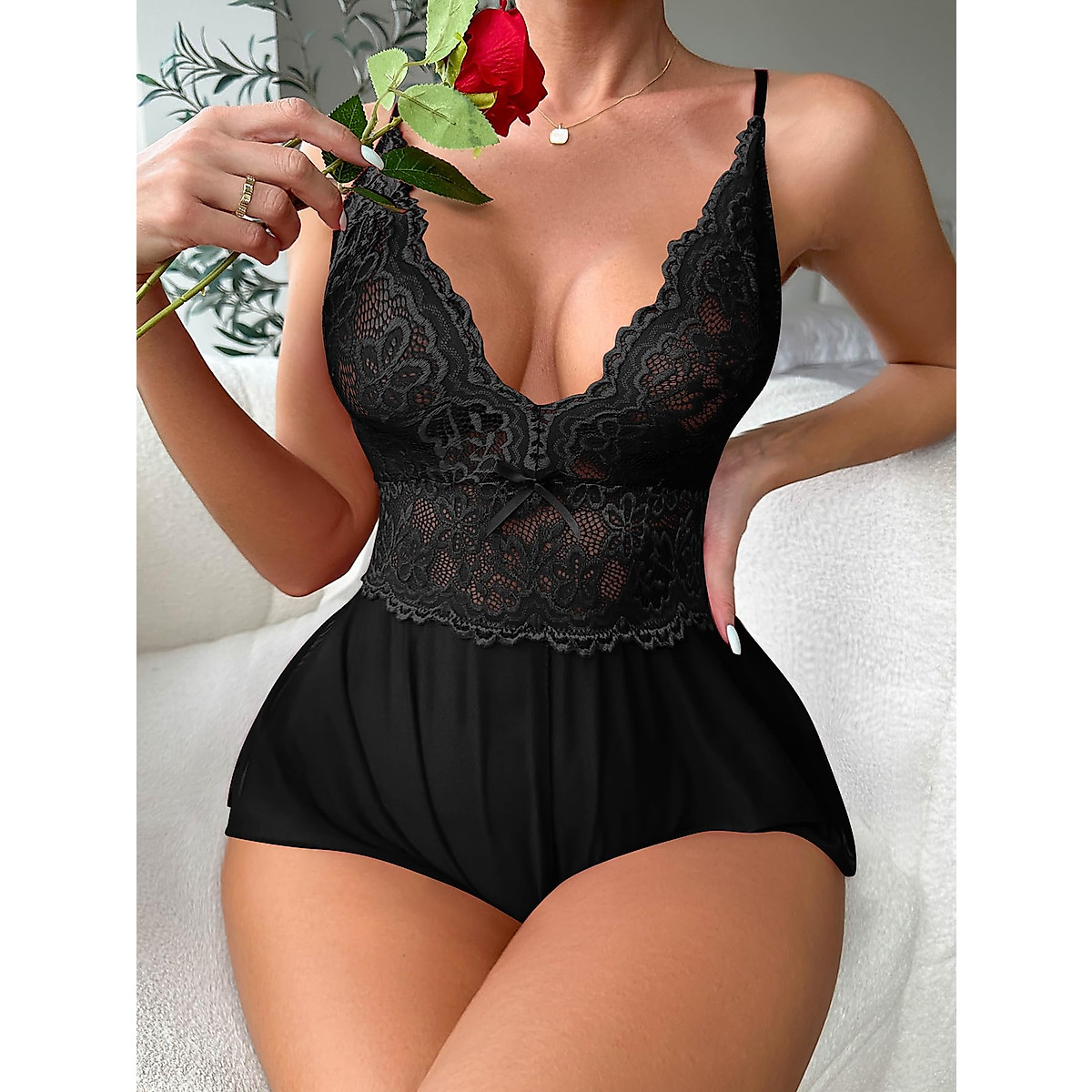 SOLY HUX Women's Lace Teddy Lingerie Spaghetti Strap Bodysuit Babydoll Sleepwear Solid Black L