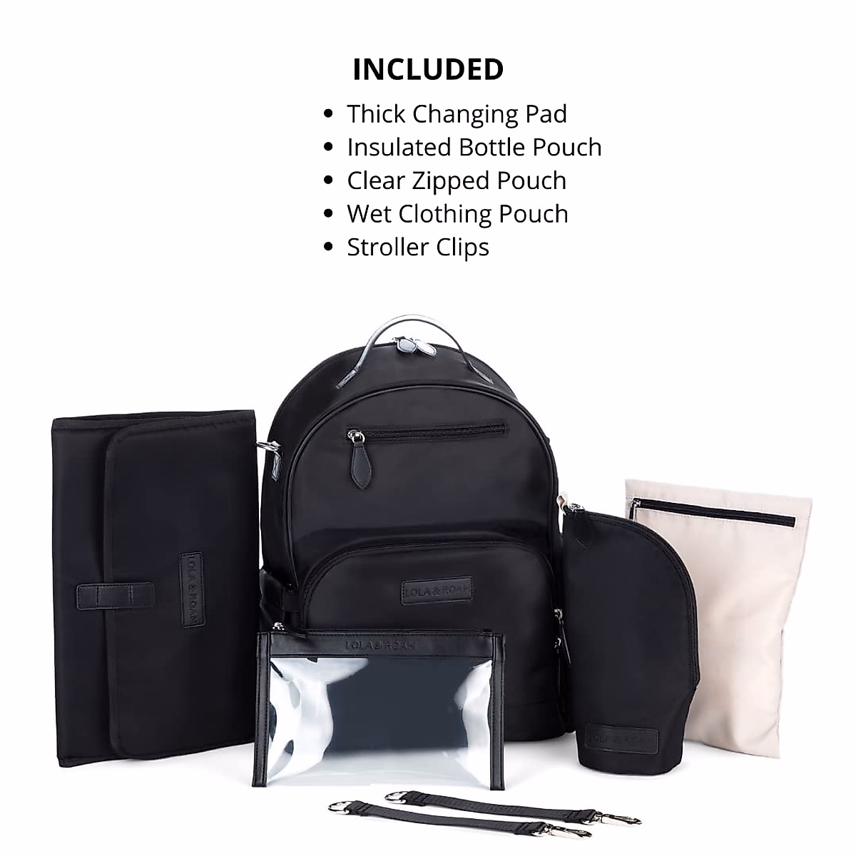 LOLA & ROAM Nylon and Vegan Leather Diaper Bag Backpack with Cooler Compartment and 5 Accessories, 5 Separate Compartments for Easy Use, Lightweight Baby Bag to Toddler to 2 Kids