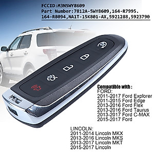 Key Fob Smart Proximity Keyless Entry Remote Control fits for 2011-2015 Ford Edge Explorer, 2013-2019 Flex Focus Taurus and Lincoln MKX MKS MKT Replace P/N: M3N5WY8609 ID46 315Mhz 1 PCS
