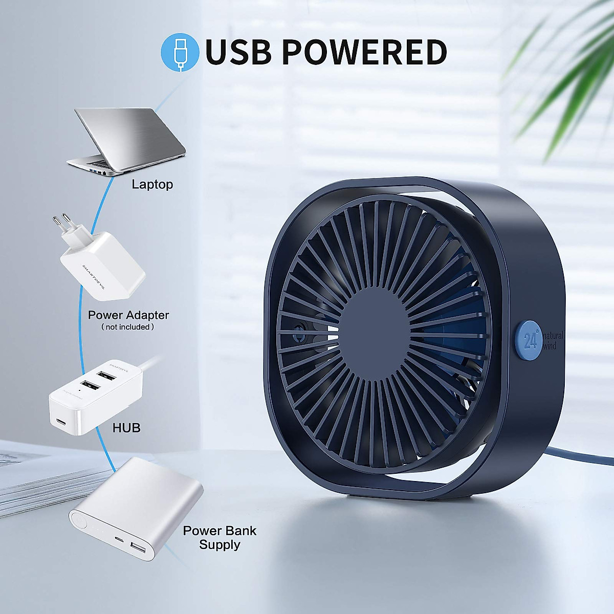 XDW Usb Fan Small Personal USB Desk Fan,3 Speeds Portable Desktop Table Cooling Fan Powered by USB,Strong Wind,Quiet Operation,for Home Office Car Outdoor Travel (Navy Blue)