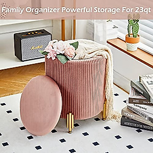 Mxfurhawa Round Ottoman Foot Stool with Storage and Metal Legs for Living Room Bedroom, Velvet Upholstered Footrest Stool Support 300lbs Modern Padded Seat Ottoman Coffee Table (Dusty Rose)