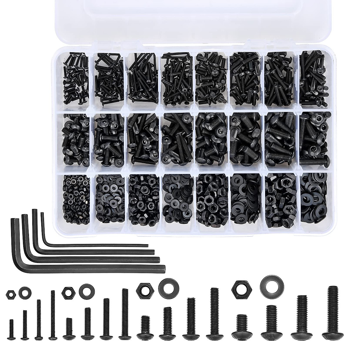 PGMJ 1500 Pcs M2/M3/M4/M5 Hex Screws Nuts Washers Kit - 12.9 Grade Black Alloy Steel Metric Screw and Bolt Assortment Set for Wood Working Hardware (Button Head)