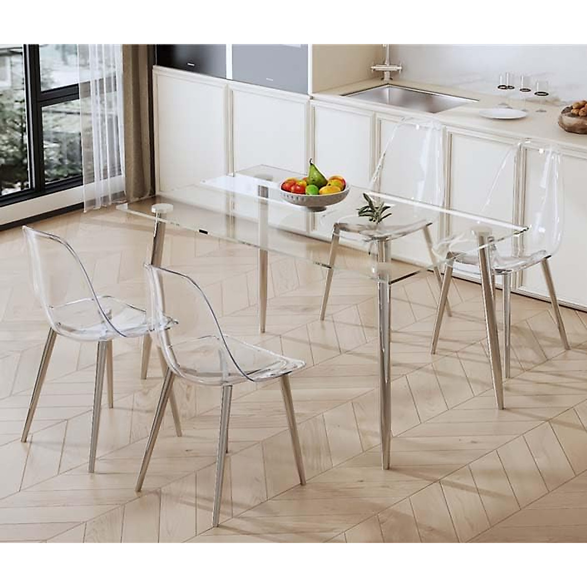 Ufurpie 5 Piece Dining Room Table Set, 51" Glass Kitchen Table & 4 Clear Chairs,Clear Dining Table Sets w/Chrome Legs, Pre Assembled Modern Glass Dining Table Set for 4(Silver)