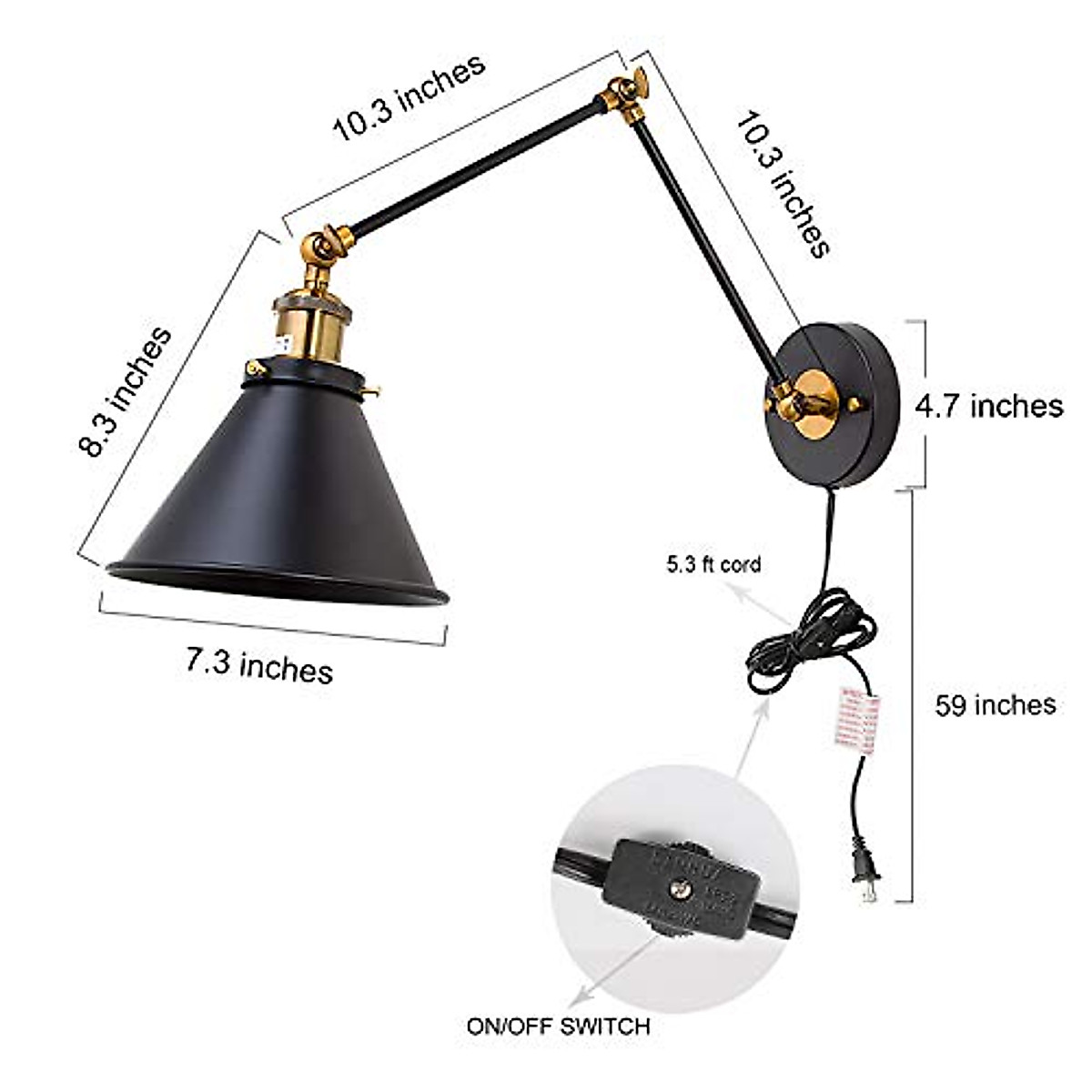 LNC Black Swing Arm Wall Lamp Adjustable Wall Sconces Plug-in Sconces Wall Lighting (2 Pack-Black)