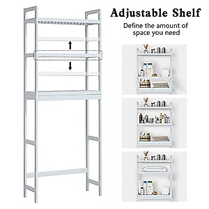 Elepude Over The Toilet Storage Storage Cabinet Rack, 3-Tier Bamboo Bathroom Organizer with Adjustable Shelves,Multifunctional Storage Rack Space-Saving and 6 Hooks,White