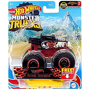DieCast Hot Wheels Monster Trucks Bone Shaker (Black/Red), 19/75 with re-Crushable car (1:64 Scale)