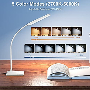 MONGERY LED Desk Lamp, Eye-Caring Table Lamps with USB Charging Port,7 Brightness Levels & 5 Color Modes,Touch Control and Memory Function,7W Flexible Gooseneck Reading Lamp for Home Office, White