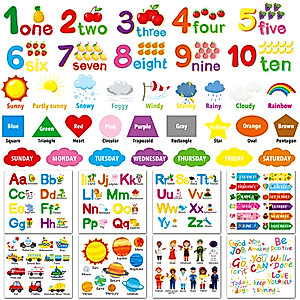 Alphabet Numbers Wall Decals 12 Sheets Color Weather Learning Educational Wall Stickers Peel and Stick Solar System Shape Wall Decals for Kids Toddlers Classroom Playroom Bedroom Wall Decorations