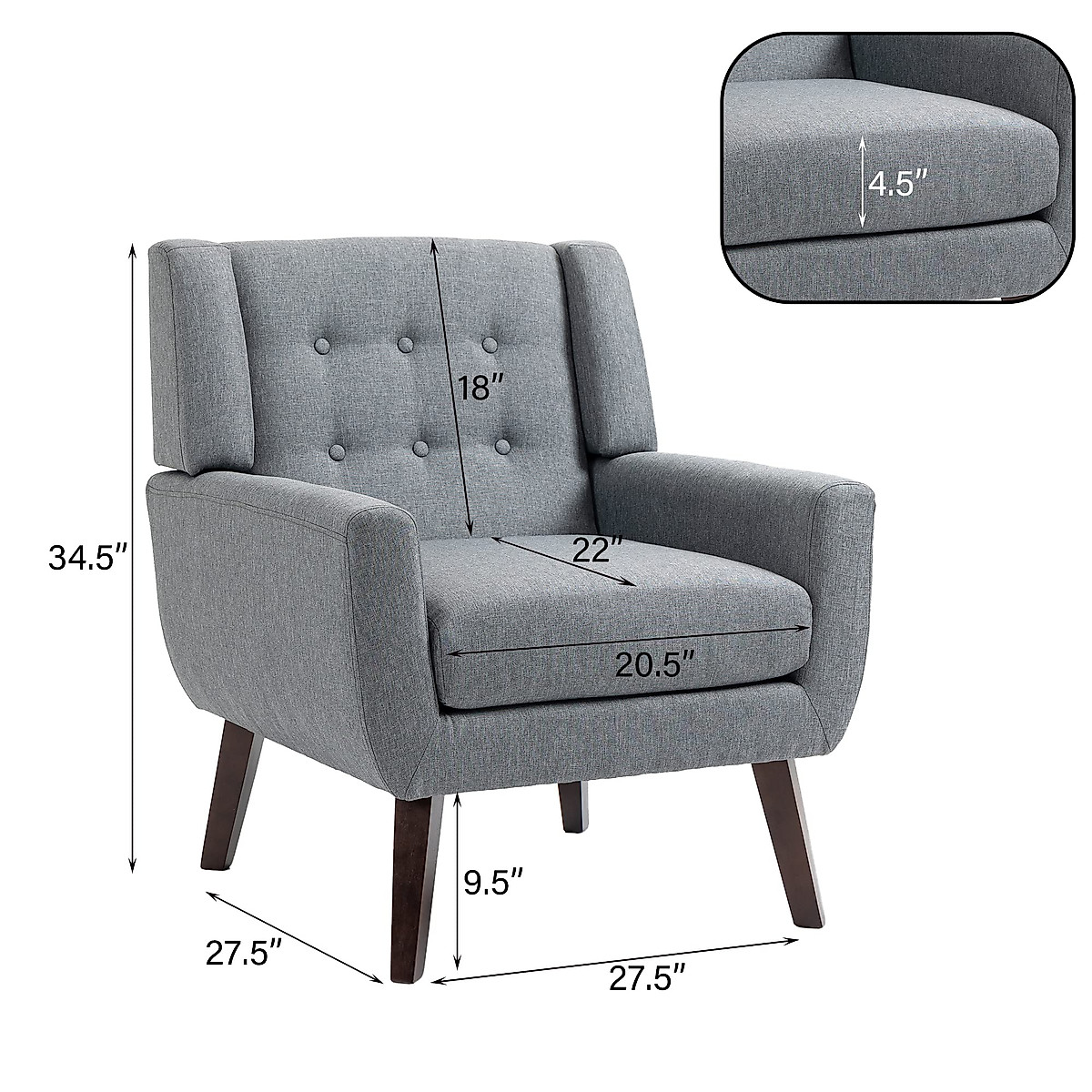 UIXE Comfy Arm Accent Chairs for Bedroom, Mid Century Modern Armchair Living Room Sofa Chair with Wooden Legs, Linen Fabric Button Tufted Upholstered Reading Chair for Home Office (Gray)