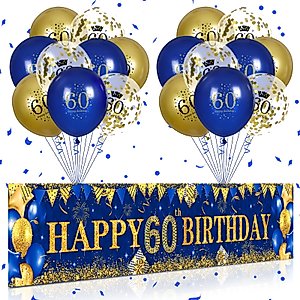 60th Birthday Decorations for Men Women Navy Blue and Gold 60th Birthday Yard Banner and 18 PCS 60th Birthday Balloons Birthday Party Supplies for Anniversary Birthday Party Indoor Outdoor Yard Decor
