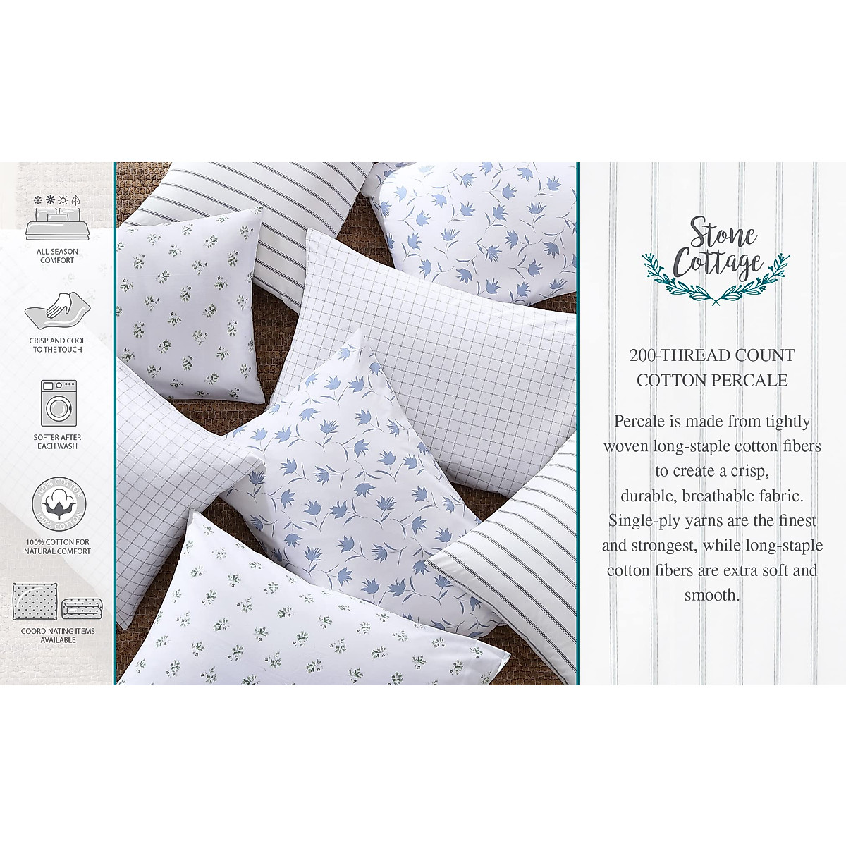 Stone Cottage - Full Sheets, Cotton Percale Bedding Set, Crisp & Cool Home Decor (Trenton Stripe Green, Full)