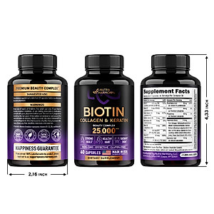 Biotin | Collagen | Keratin | Hyaluronic Acid - Hair Growth Support Supplement | Skin & Nails Beauty Complex 25000 mcg - B1 | B2 | B3 | B6 | B7 - Made in USA - For Women & Men | 60 Capsules